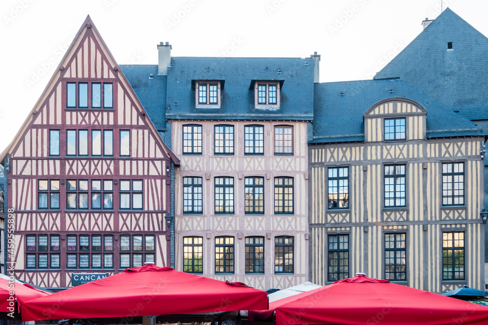 Typical half-timbered Norman houses, historic facade of Normandy ...
