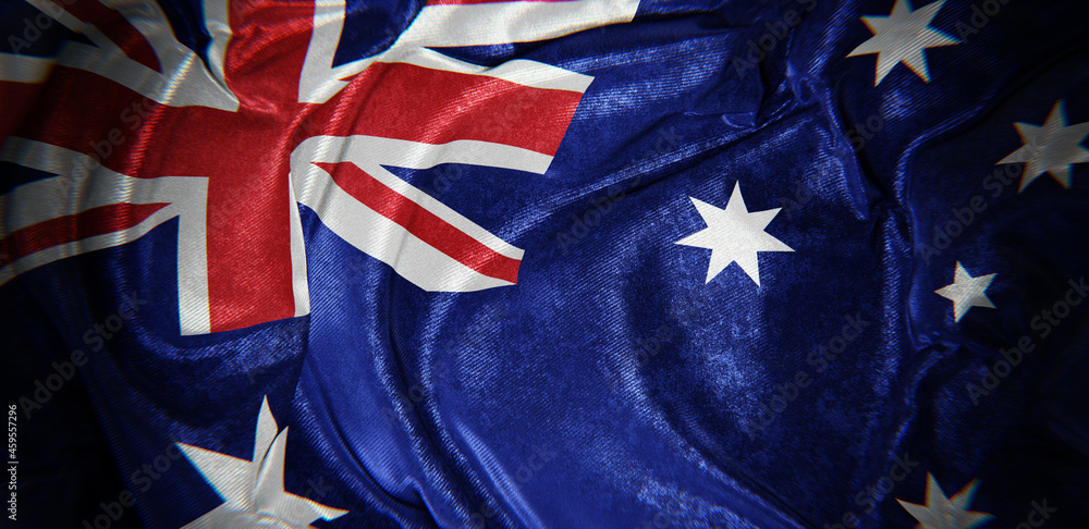 Realistic panoramic 3D illustration of the grungy flag of Australia ...