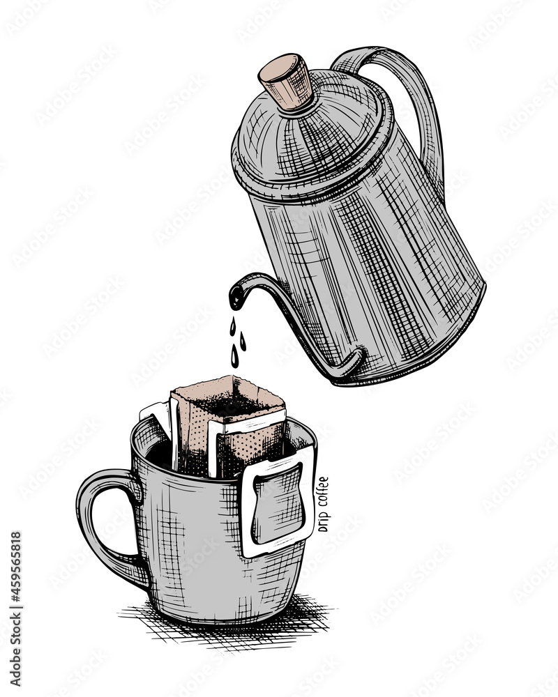 Black drip coffee sketch cup in retro style on white background. Hand ...