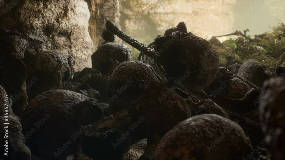 Old bones, skulls and skeletal remains lie in a dark old and scary cave ...
