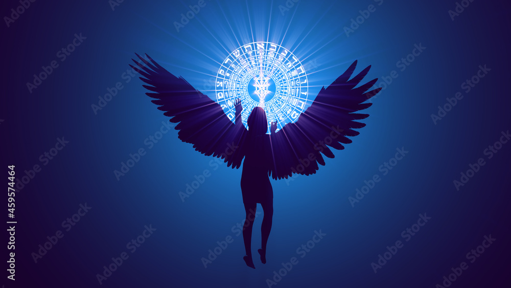 3d illustration of an angel touching the Hebrew alphabet and the" tree ...