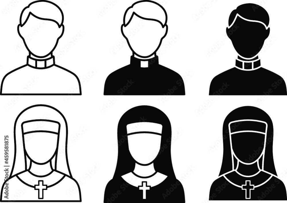 Priest or Minister and Nun Profile Avatars - Outline and Silhouette ...