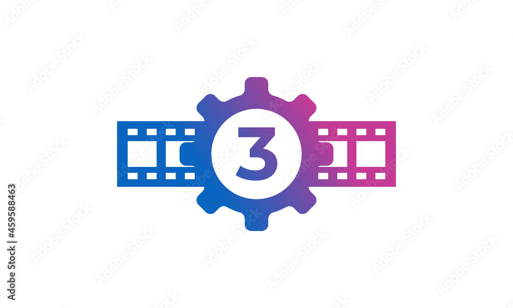 Number 3 Gear Cog Wheel with Reel Stripes Filmstrip for Film Movie ...