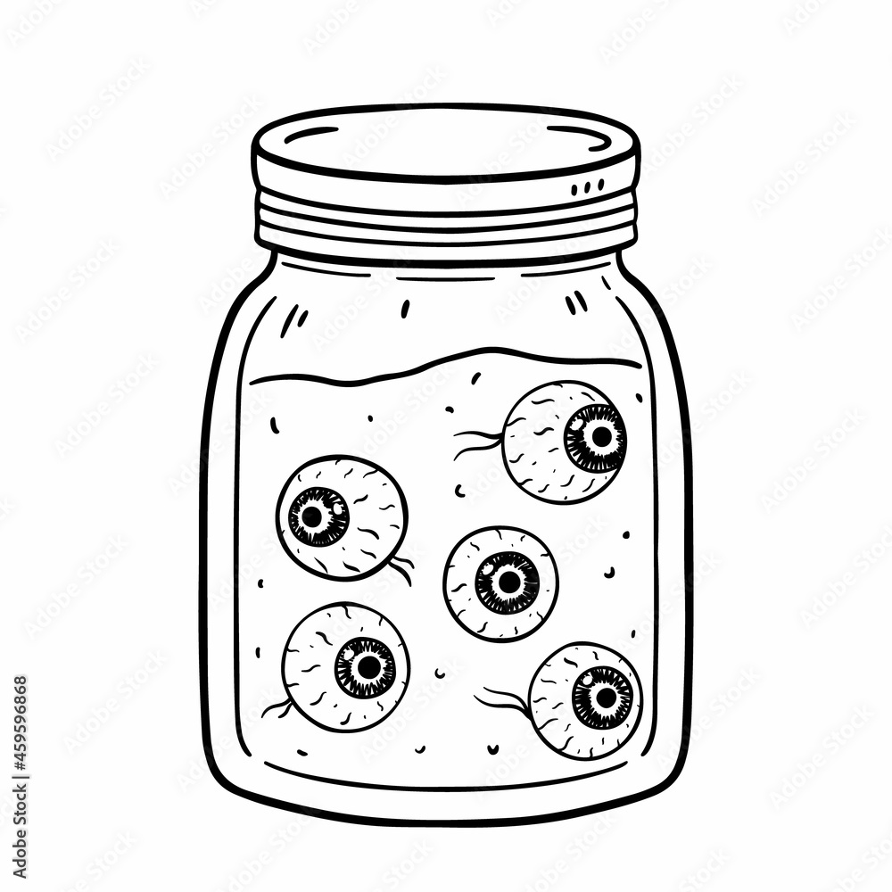 Glass jar with eyeballs in liquid isolated on white background. Hand ...