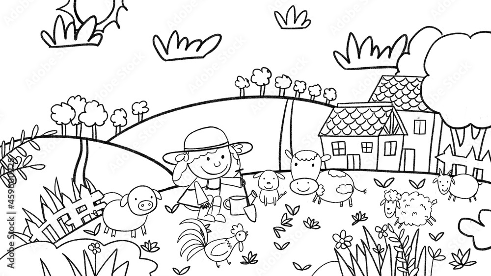 Vegetable Garden Farm drawing outline template for coloring and art ...