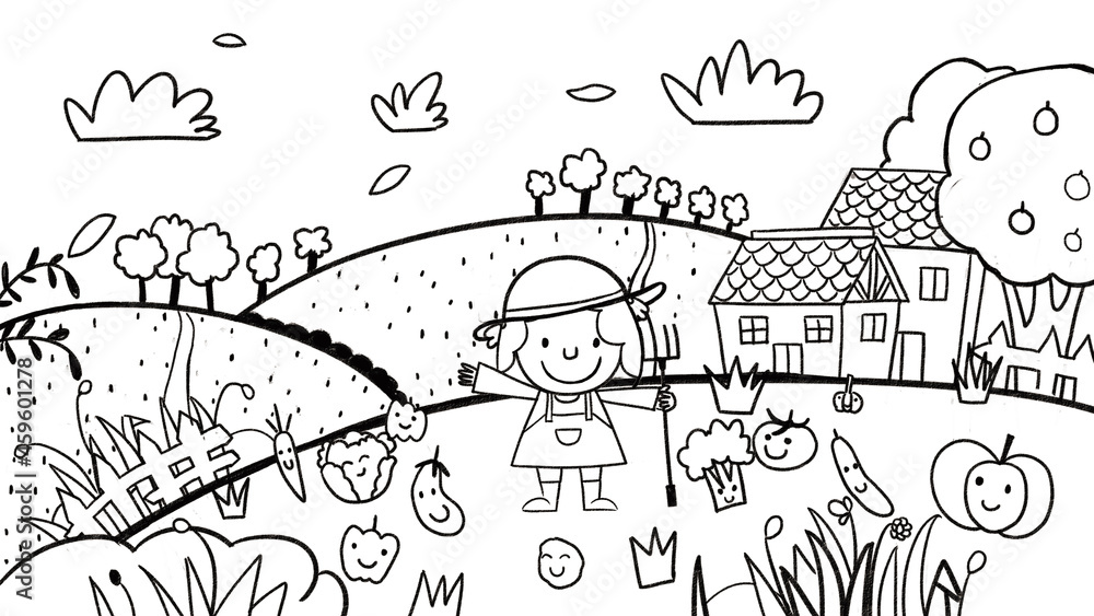 Vegetable Garden Farm drawing outline template for coloring and art ...