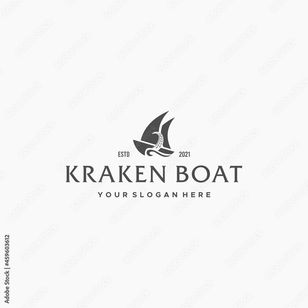 Flat Ocean BOAT tentacle octopus wave logo design Stock Vector | Adobe ...