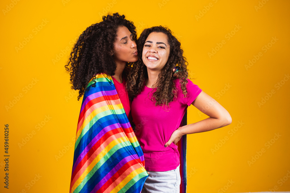 Couple lesbian woman with gay pride flag in yellow background Stock ...