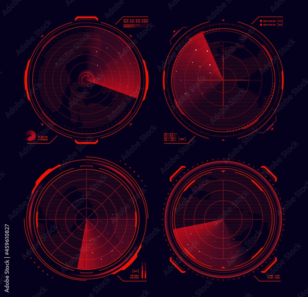 HUD military radar or sonar display interface, vector target detection ...
