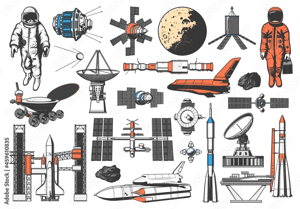 Space icons of rocket, spaceman and planets satellites, vector galaxy ...