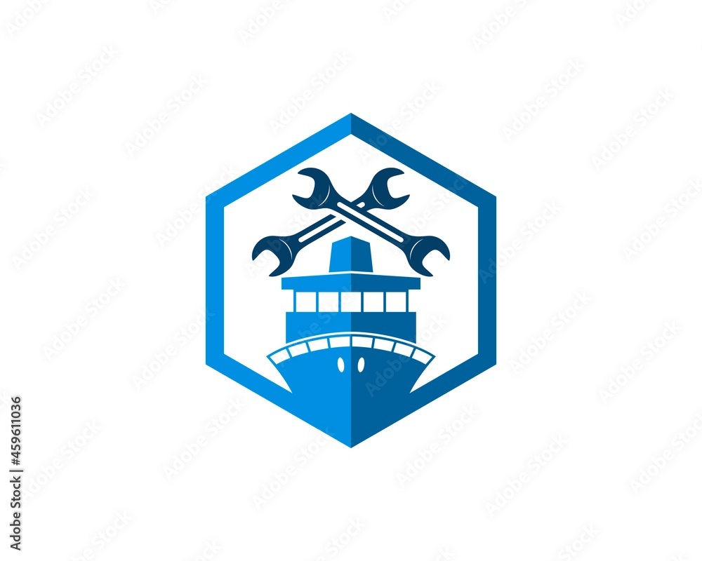 Hexagonal shape with cruise ship and cross repair wrench Stock Vector ...