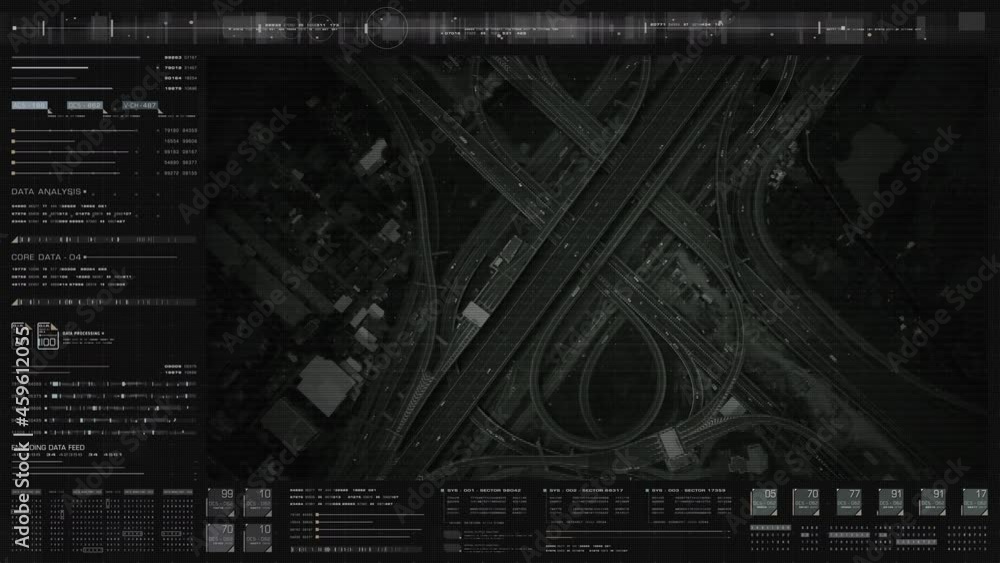 Stockvideo Futuristic HUD satellite view of traffic surveillance on a ...
