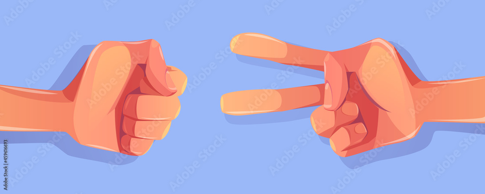 Hands in fist and victory symbol. Rock, paper, scissors hand game ...