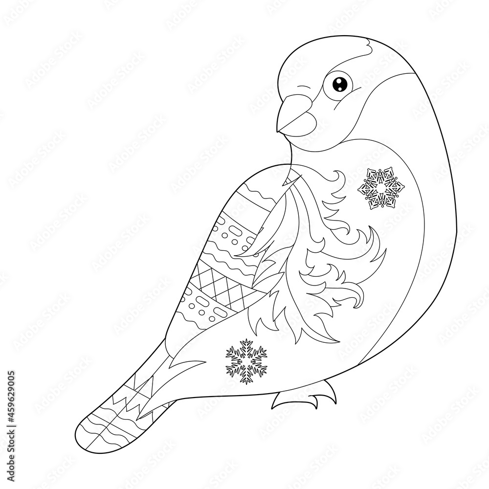 Fancy bullfinch on white background. Contour illustration for coloring ...
