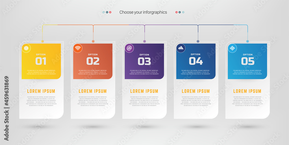 Five Infographic design with icons. and 5 options or 2 steps. process ...