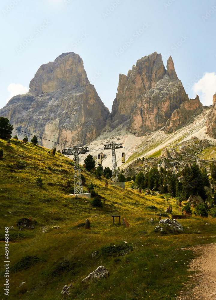 Famous Sasso Lungo near Sella Pass in the italian Dolomites with a ...