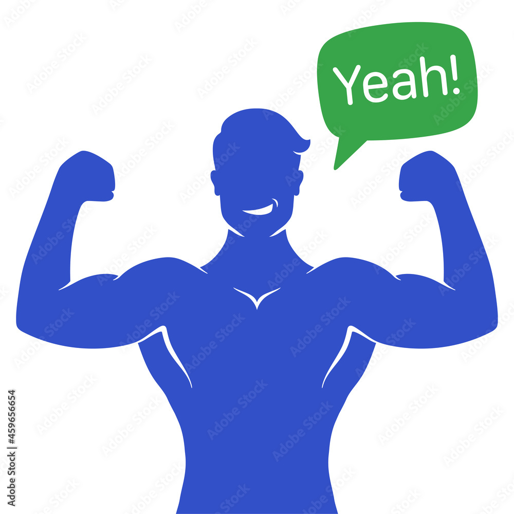 Strong muscular man posing with arms and showing his satisfaction ...