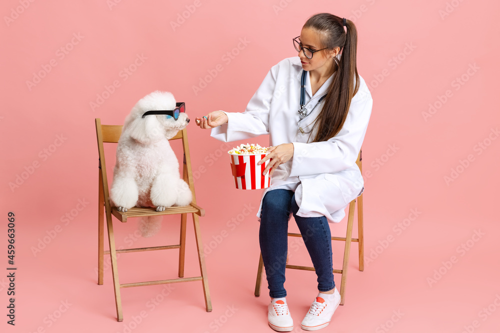 Conceptual portrait of young beautiful woman, veterinary with white ...