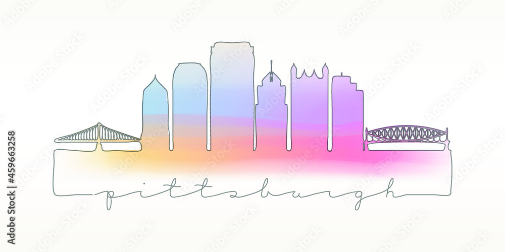 Pittsburgh, PA, USA Skyline Watercolor City Illustration. Famous ...