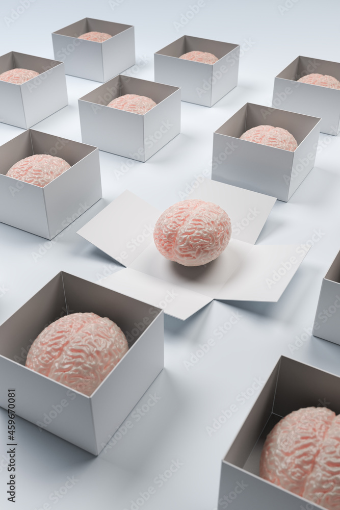 Thinking outside the box - concept shot. Some human brains in a box and ...