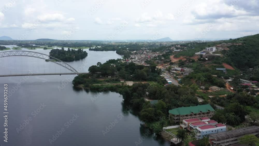 Aerial Adome bridge village Volta river Ghana Africa 2. Main river ...