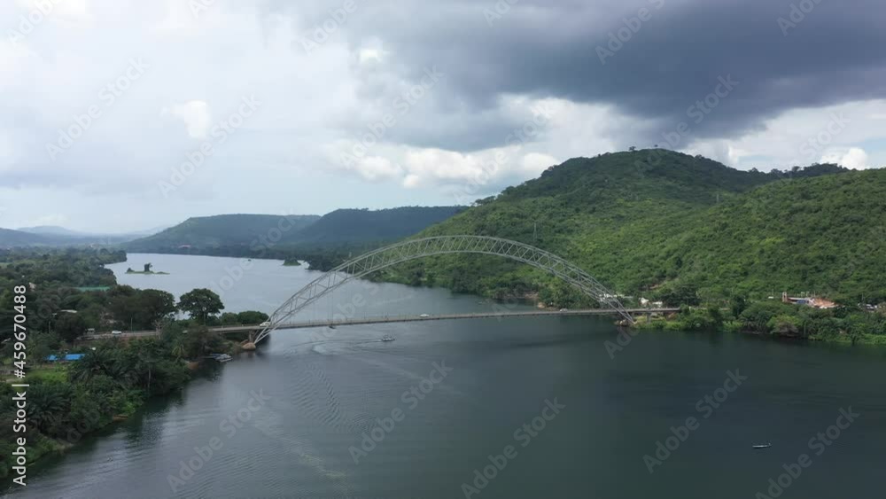 Aerial Adome bridge Volta River Ghana Africa part 1. Main river system ...