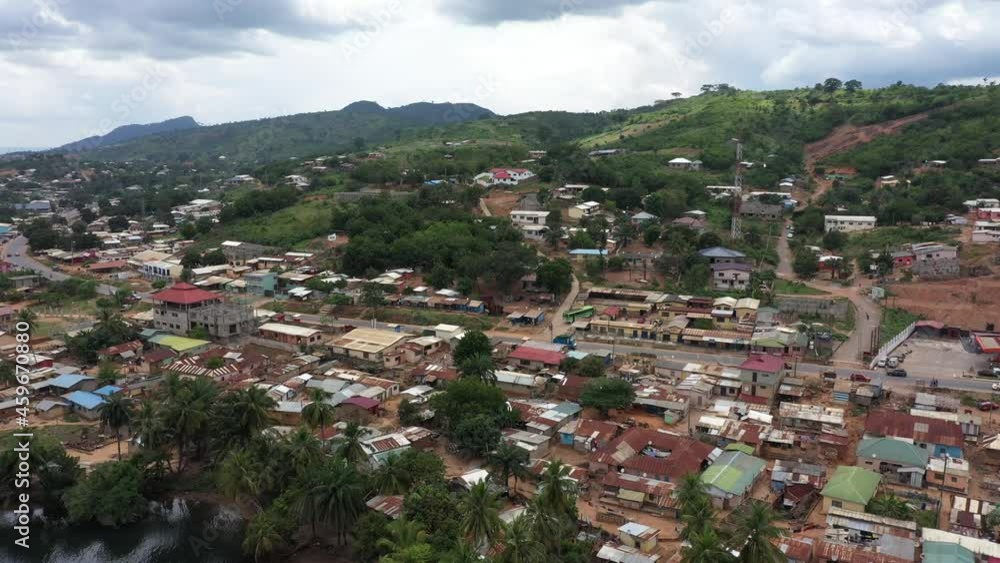 Aerial Adome village homes Volta river Ghana Africa 2. Main river ...