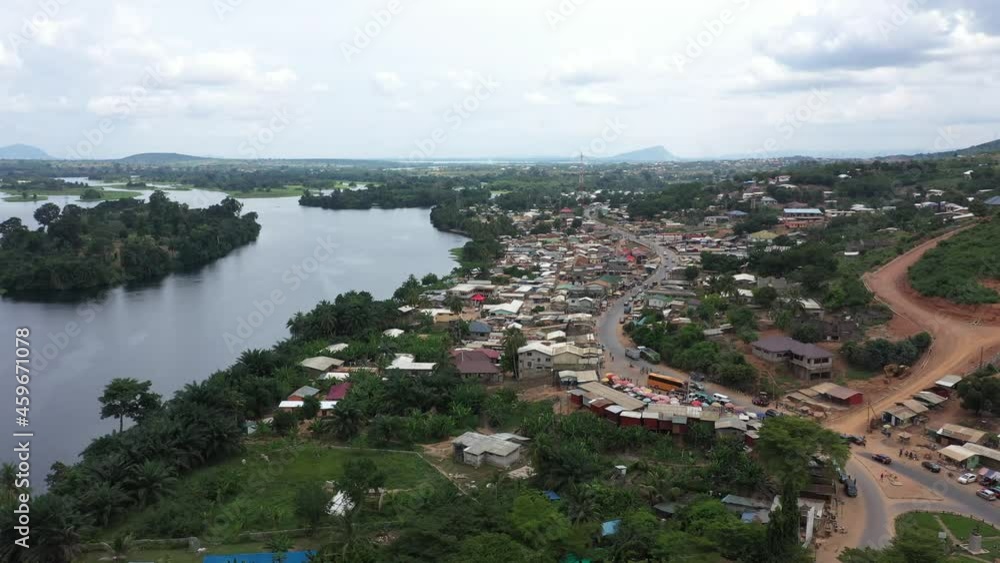 Aerial Adome village Volta river Ghana Africa part 1. Main river system ...