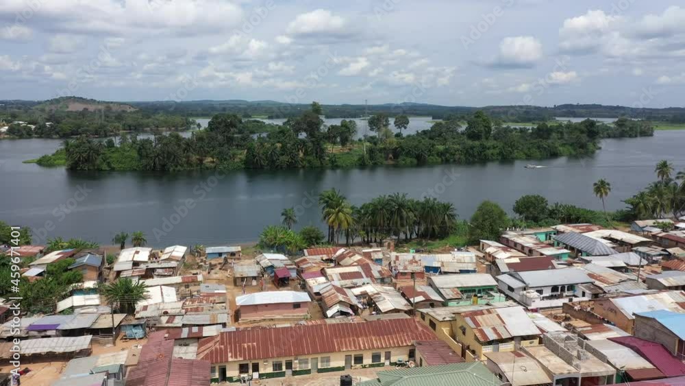 Stockvideo Aerial Adome village Volta River island Ghana Africa. Main ...