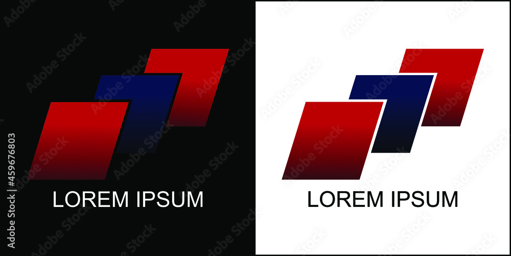 Three parallelogram logos in red and blue on a black and white ...