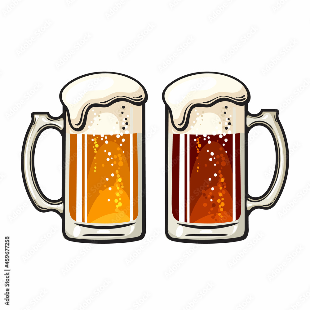Two big mugs of beer dark and light with foam and bubbles. Hand drawn ...