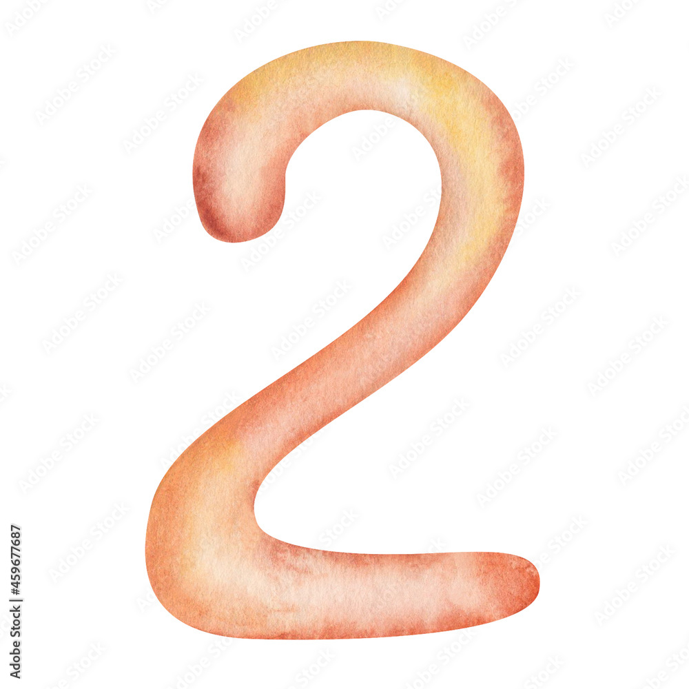 Watercolor illustration hand painted number 2, two in orange yellow ...