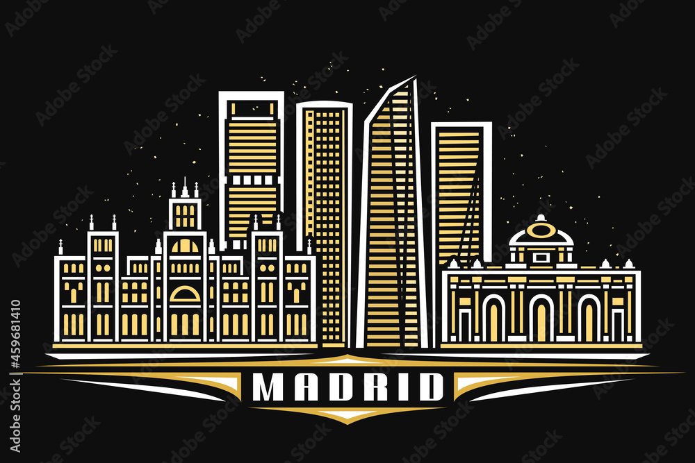 Vector illustration of Madrid, black horizontal poster with linear ...