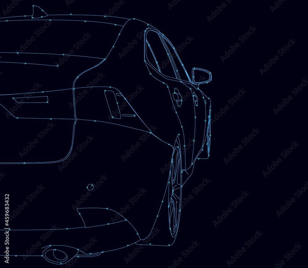 The contour of a modern car made of blue lines on a dark background ...