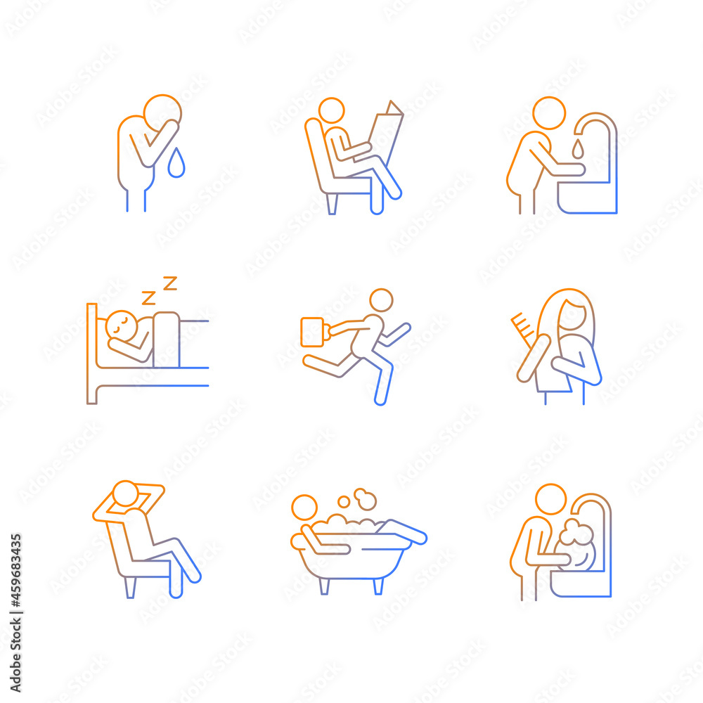 Daily living gradient linear vector icons set. Commonplace day-to-day ...