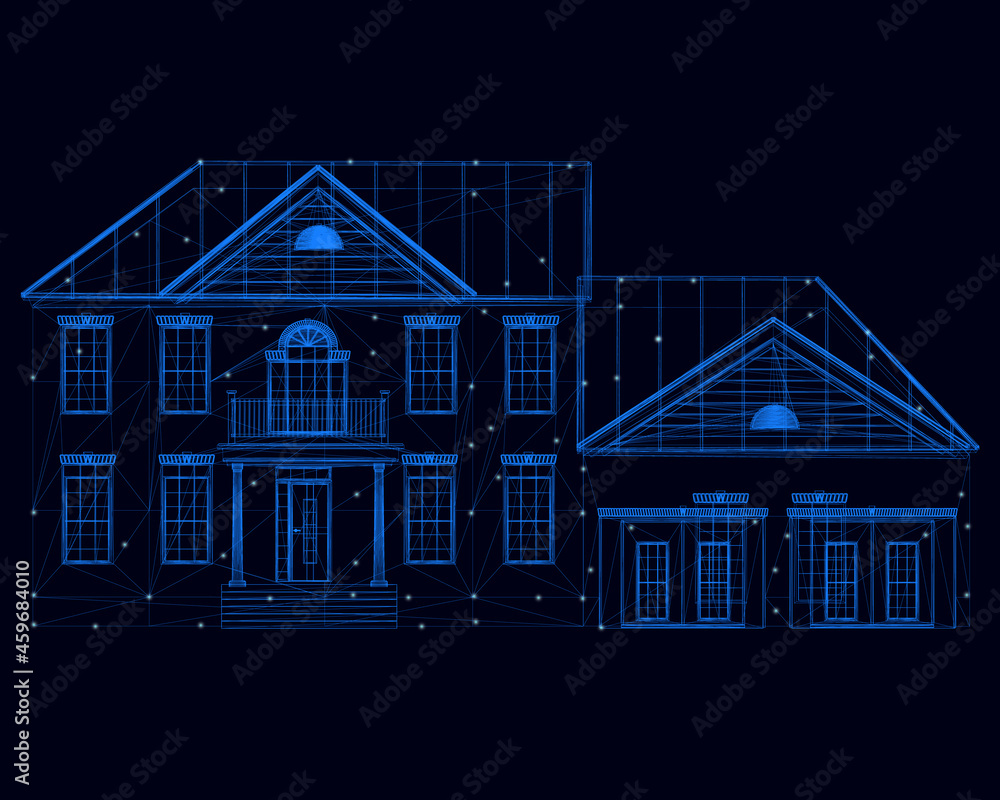 Wireframe of a two story house made of blue lines with glowing lights ...