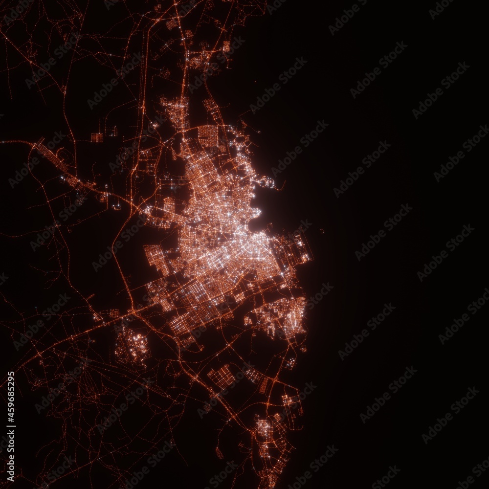 Doha city lights map, top view from space. Aerial view on night street ...