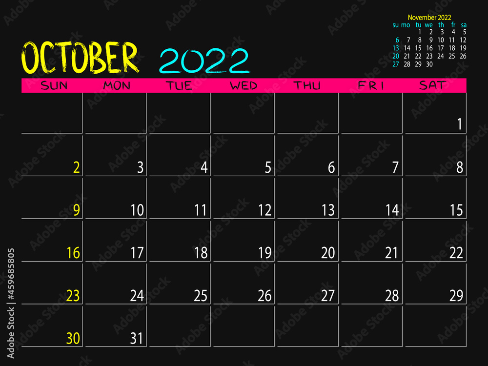 Calendar 2022 year. October 2022 planner.Desctop calendar design. Month ...