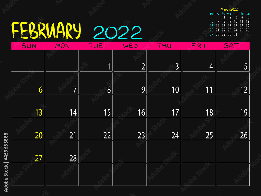 Calendar 2022 year. February 2022 planner. Desctop calendar design ...