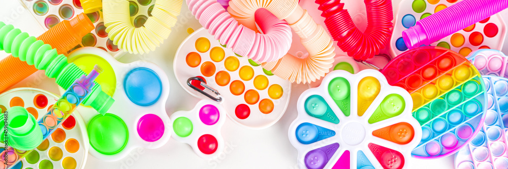 Modern trendy kids fidget finger toys, relaxation concept - set of ...