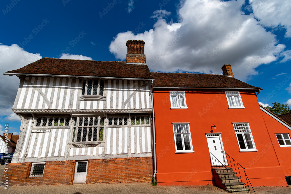 Vibrant medieval timber beam architecture at historic wool town in ...