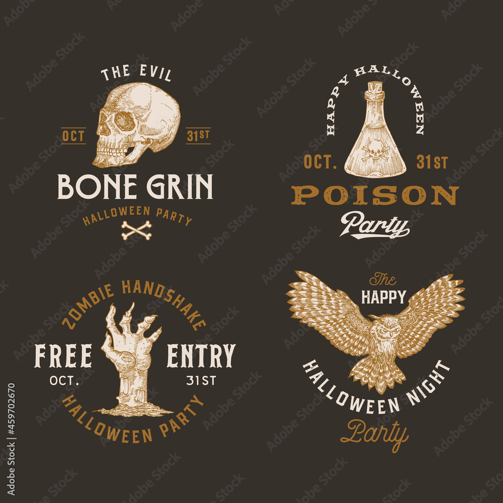 Vintage Style Halloween Logos or Labels Template Set. Hand Drawn Scull ...