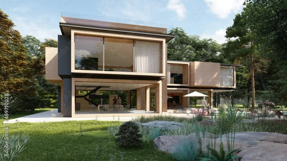 Modern large wooden mansion with roof terrace, pool and garden Stock ...