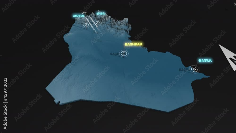 Seamless looping animation of the 3d terrain map at nighttime of Iraq ...