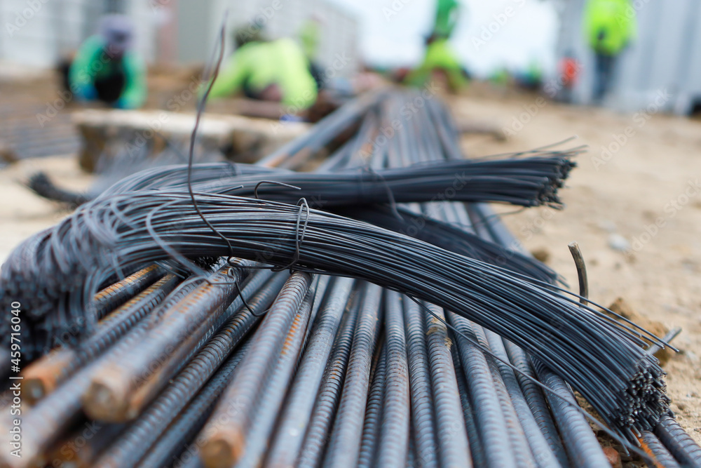 Photo Reinforcement steel rod and deformed bar with rebar at ...