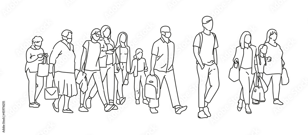 One line drawing of urban residents walking on city street. Group of ...
