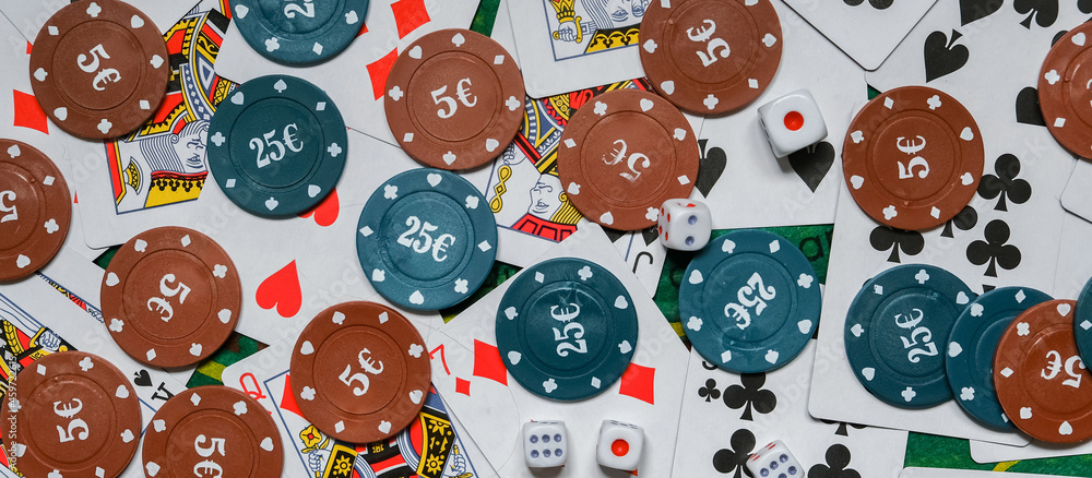 Gambling board game.Cards, chips, roulette.Gaming flat lay. Close-up of ...