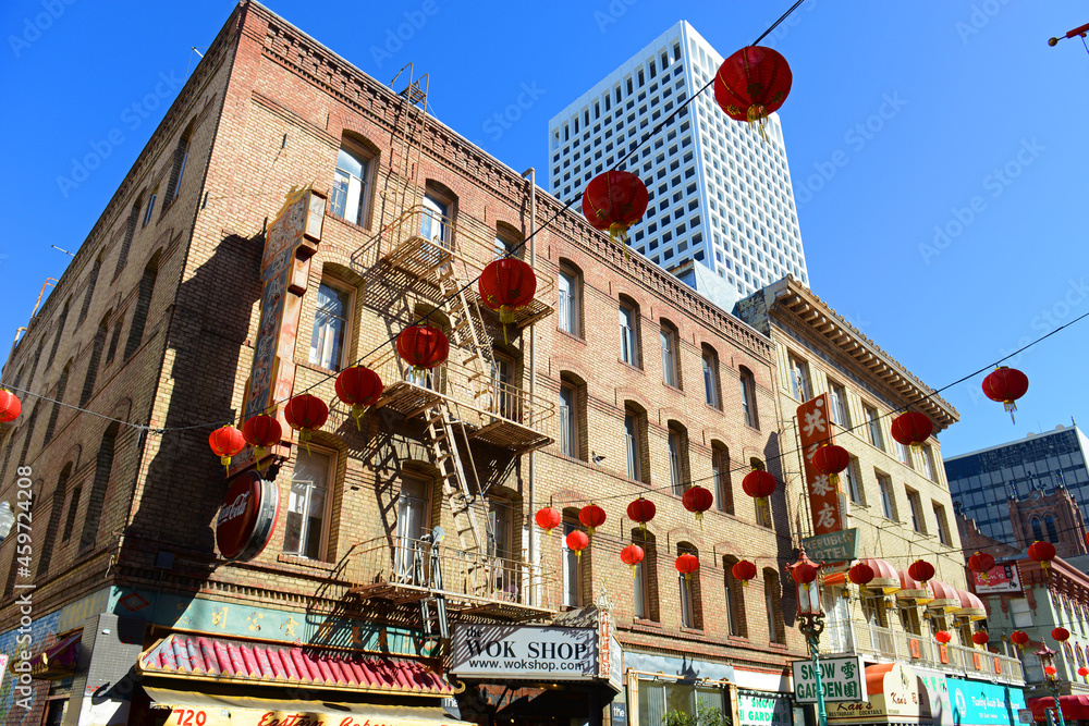 Antique Chinese style commercial buildings on Grant Avenue at ...