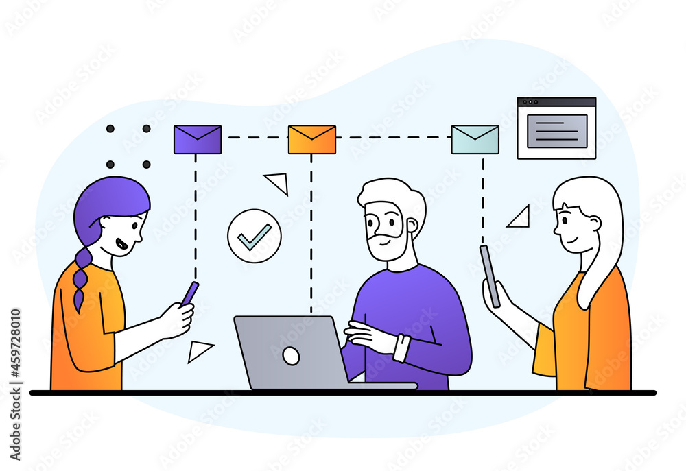 Two female characters sending messages to managers laptop on white ...