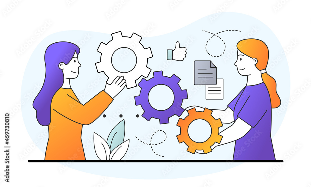 Two female characters are linking gear mechanism together on white ...